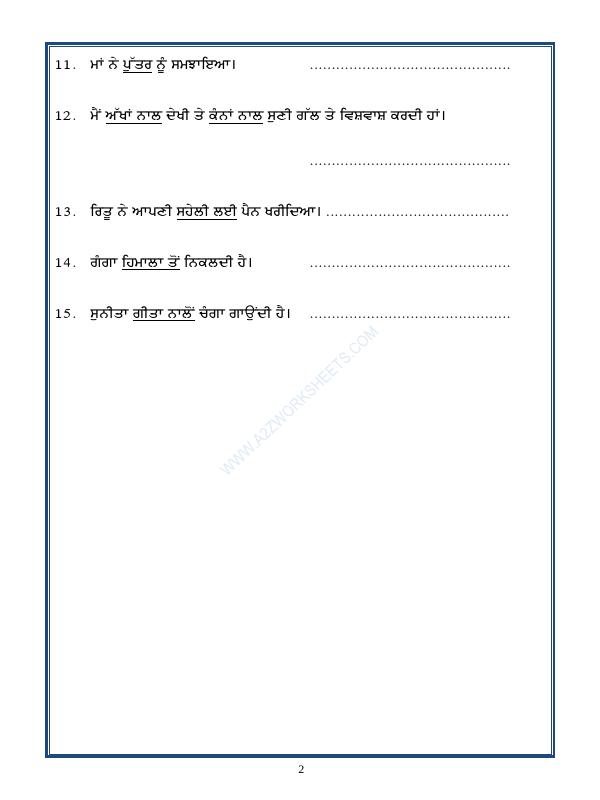 A2Zworksheets:Worksheet of Punjabi Grammar - Karak-Punjabi-Language