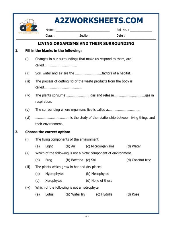 A2Zworksheets:Worksheet of Living Organisms And Their Surrounding ...