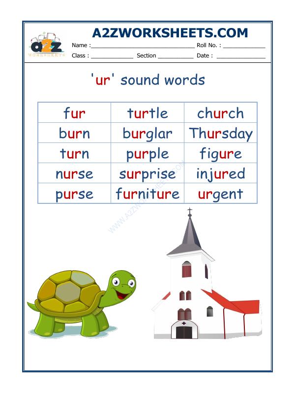 A2Zworksheets:Worksheet of English Phonics Sounds - 'Ur' Sound Words ...
