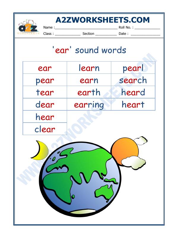 A2Zworksheets:Worksheet of English Phonics Sounds - 'Ear' Sound Words ...