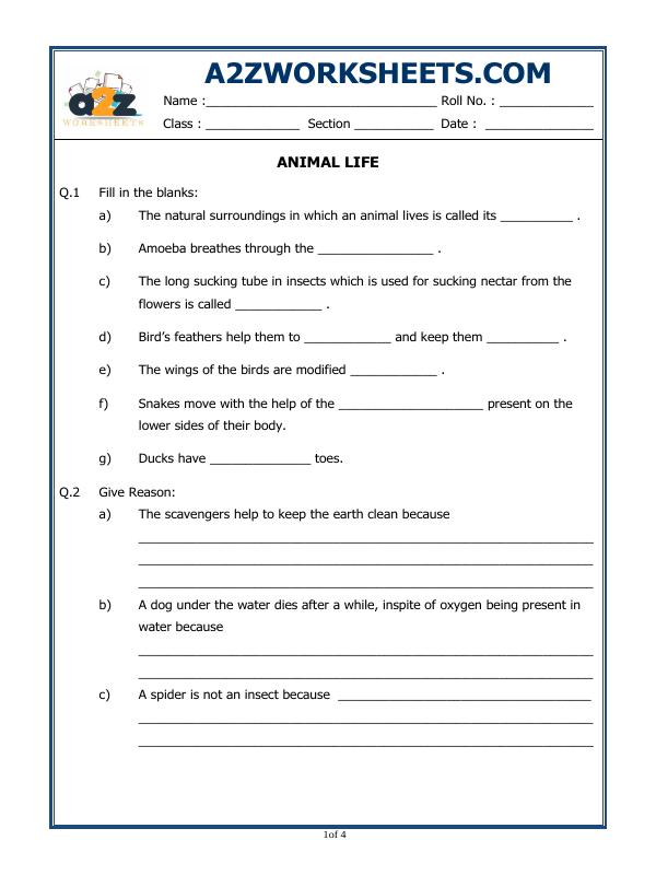 A2Zworksheets:Worksheet of Animal Life-Animals-Science