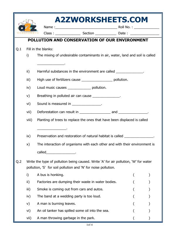 A2Zworksheets:Worksheet of Pollution And Conserevation Of Our ...