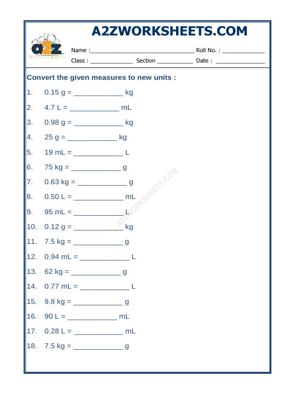 A2Zworksheets:Worksheet of Measurement (Convert Units)-06-Measurement-Maths