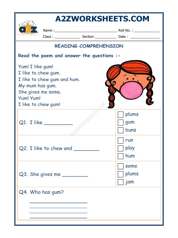 A2Zworksheets:Worksheet of Comprehension Passage-08-Reading-English