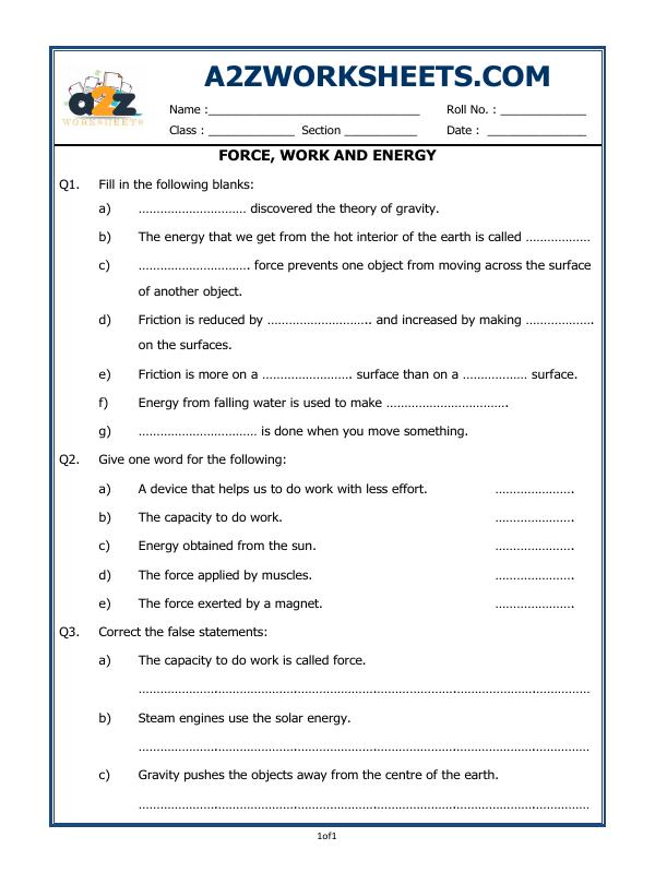 A2Zworksheets:Worksheet of Force, Work And Energy-Motion and ...