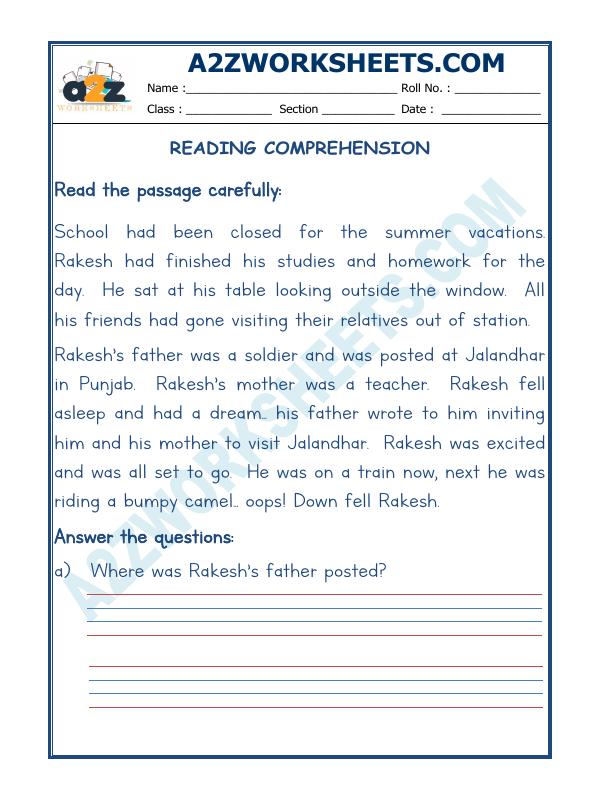 A2Zworksheets:Worksheet of Comprehension Passage-19-Reading-English