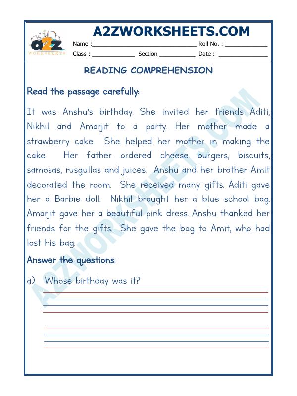 A2Zworksheets:Worksheet of English Comprehension - 16-Reading-English