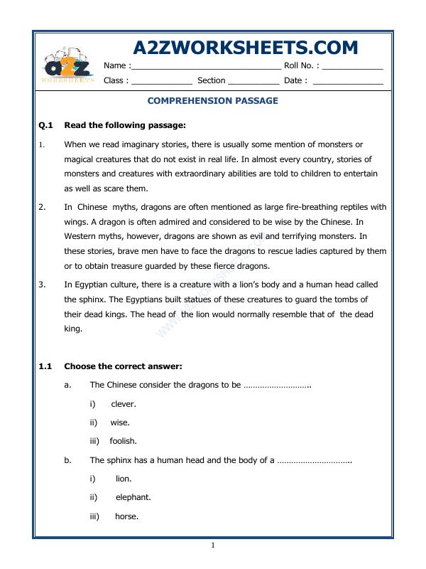 A2Zworksheets:Worksheet of Comprehension Passage-13-Reading-English