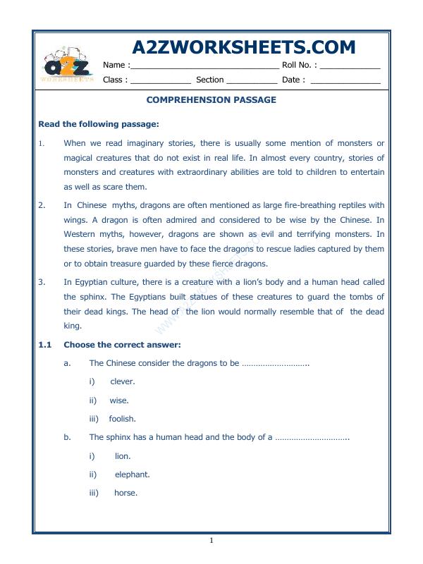 A2Zworksheets:Worksheet of English Comprehension Passage-13-Reading-English