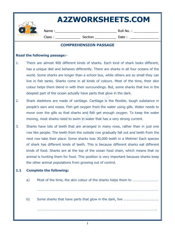 A2Zworksheets:Worksheet of English Comprehension Passage-18-Reading-English