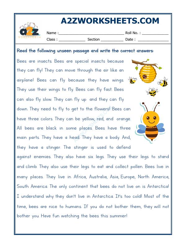 A2Zworksheets:Worksheet of English Comprehension Passage-20-Reading-English