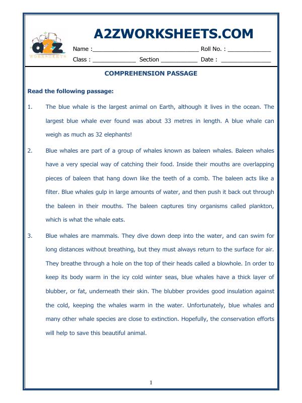 A2Zworksheets:Worksheet of English Comprehension Passage-17-Reading-English