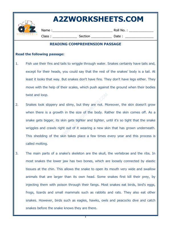 A2Zworksheets:Worksheet of Comprehension Passage-20-Reading-English