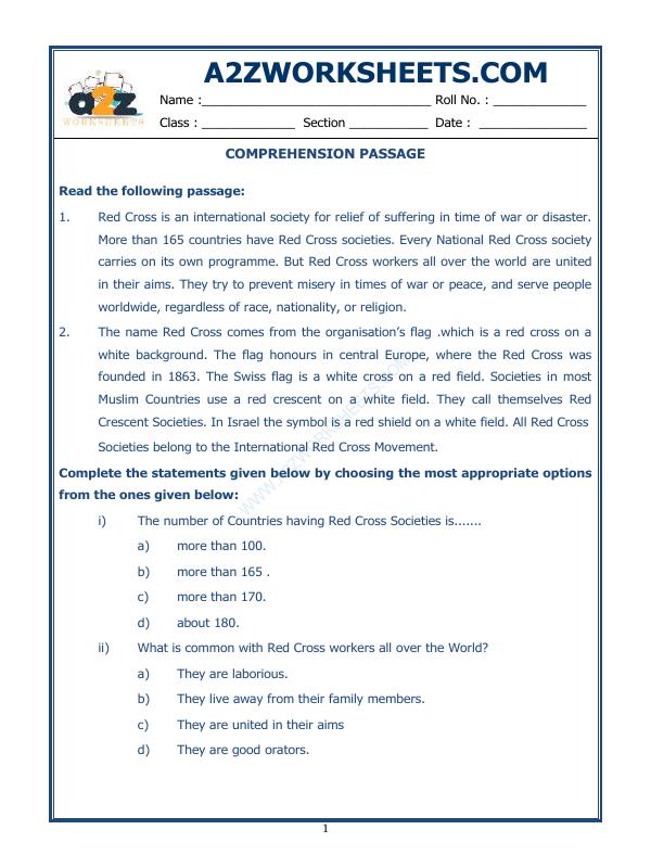 A2Zworksheets:Worksheet of Comprehension Passage-28-Reading-English