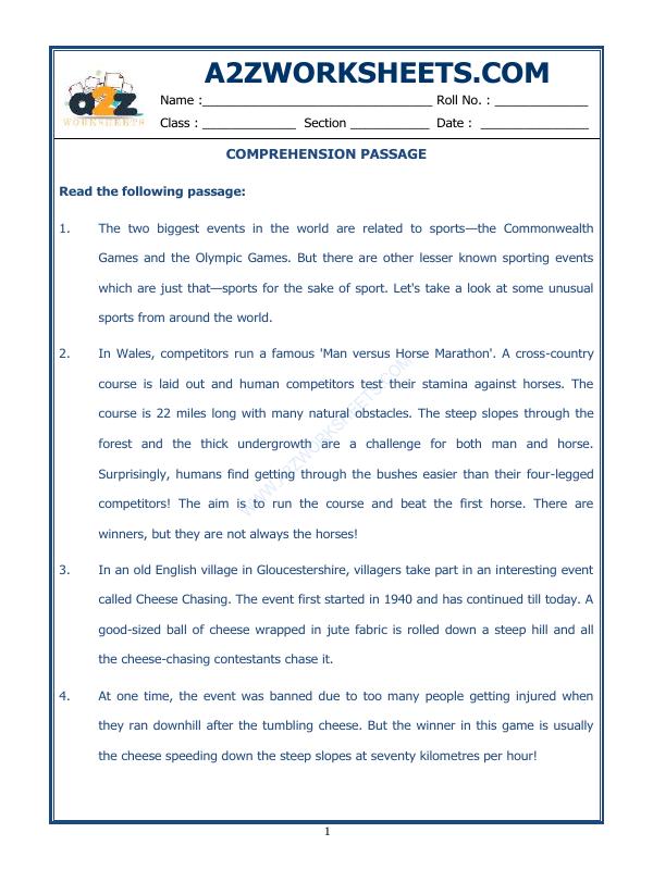 A2Zworksheets:Worksheet of Comprehension Passage-30-Reading-English