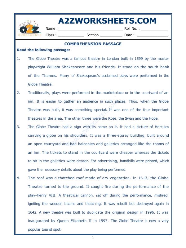 A2Zworksheets:Worksheet of Comprehension Passage-31-Reading-English