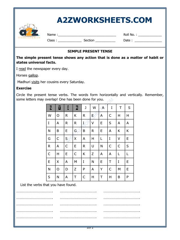 A2Zworksheets:Worksheet of Simple Present Tense-Grammar-English