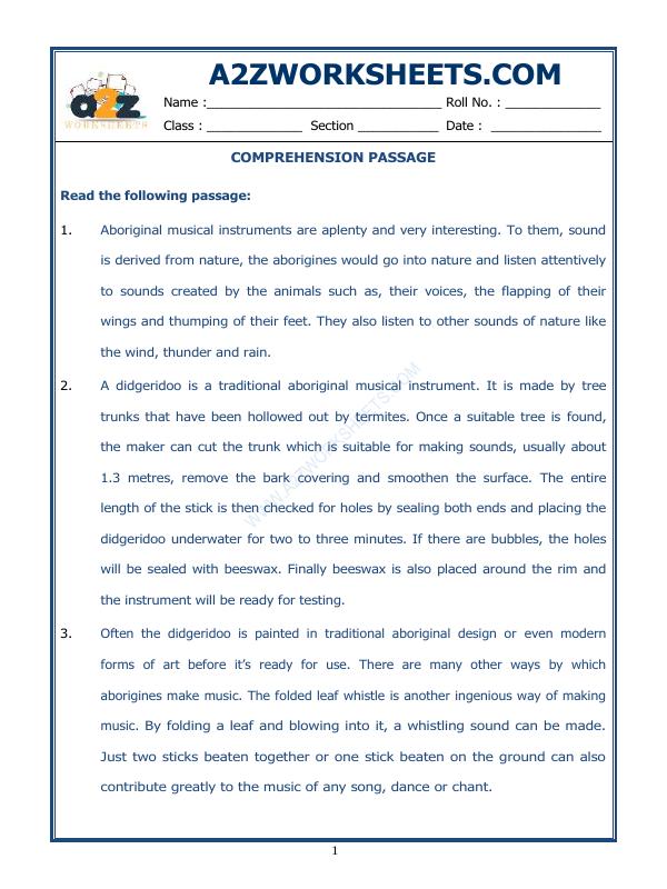 A2Zworksheets:Worksheet of English Comprehension Passage-39-Reading-English