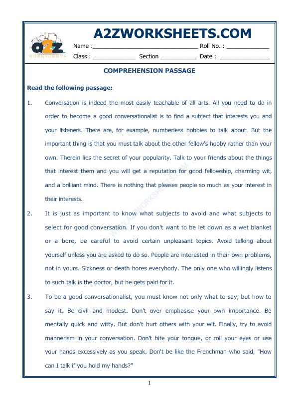 A2Zworksheets:Worksheet of Comprehension Passage-41-Reading-English