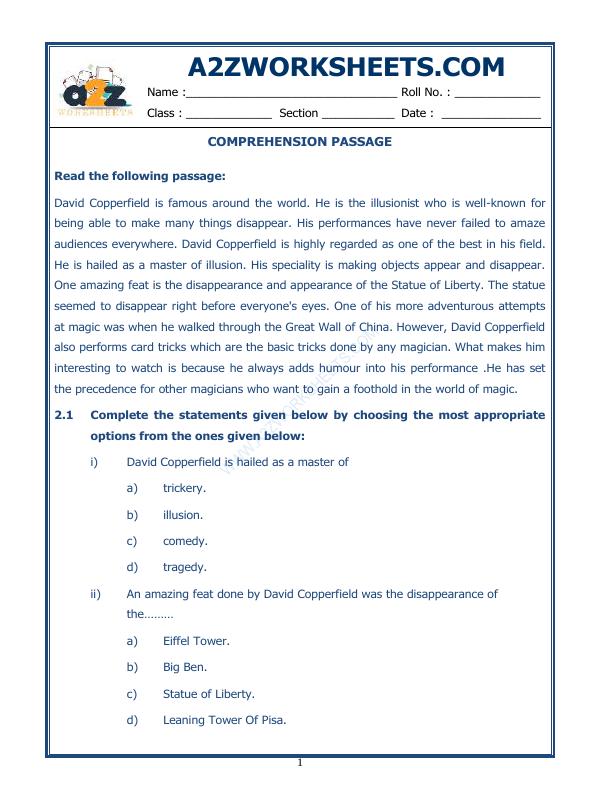 A2Zworksheets:Worksheet of Comprehension Passage-46-Reading-English