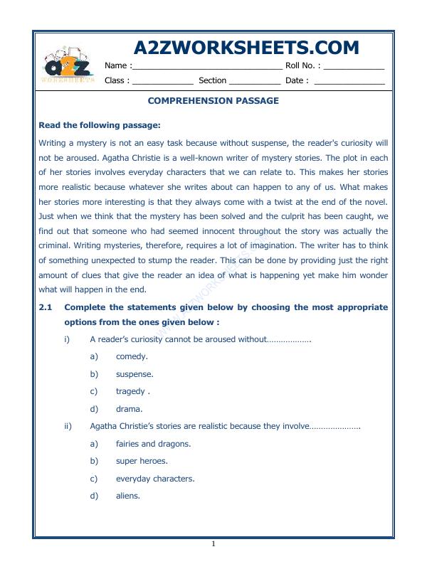 A2Zworksheets:Worksheet of Comprehension Passage-48-Reading-English