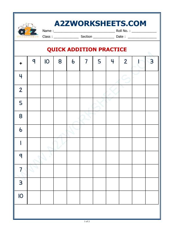 A2Zworksheets:Worksheet of Quick Addition Practice-01-Addition-Maths