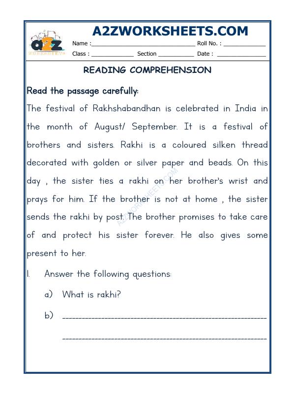 A2Zworksheets:Worksheet of Comprehension Passage-23-Reading-English