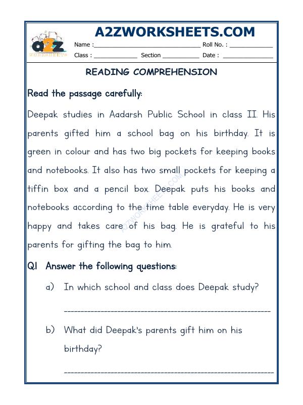 A2Zworksheets:Worksheet of Comprehension Passage-24-Reading-English