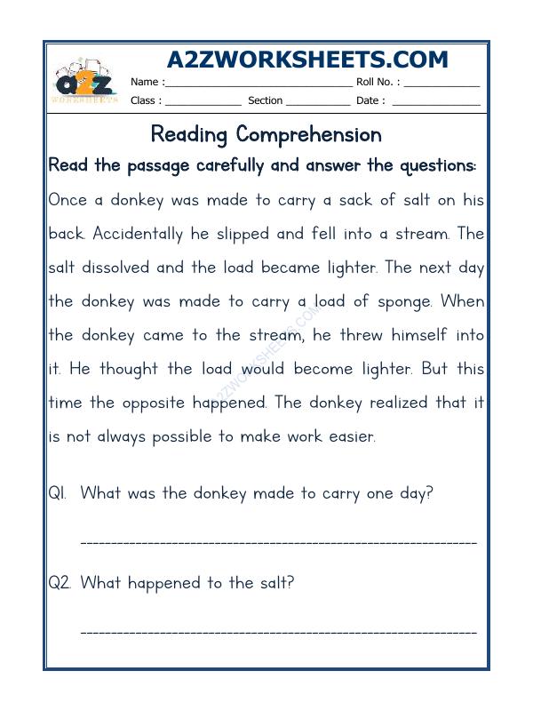 A2Zworksheets:Worksheet of Comprehension Passage-29-Reading-English