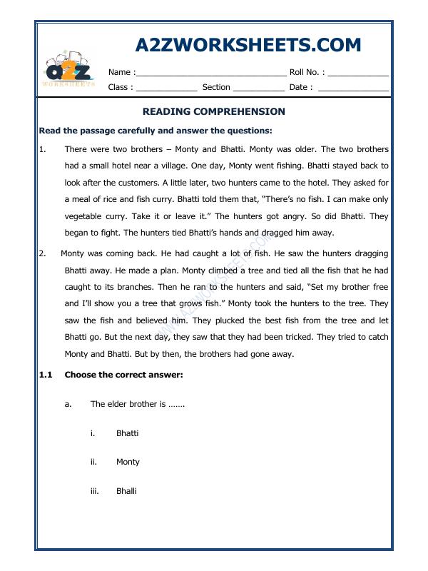 A2Zworksheets:Worksheet of English Comprehension - 13-Reading-English