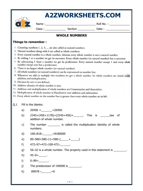 A2Zworksheets:Worksheet of Whole Numbers-Numbers-Maths