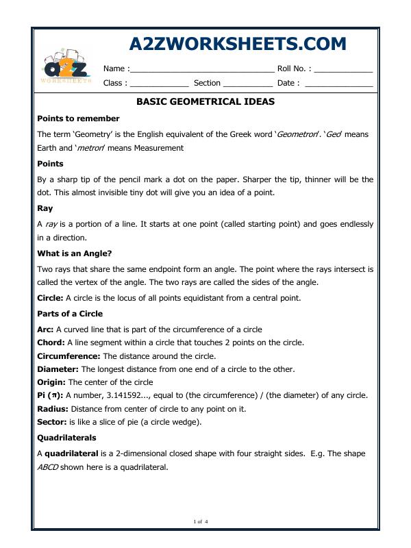 A2Zworksheets:Worksheet of Basic Geometrical Ideas-Geometry-Maths