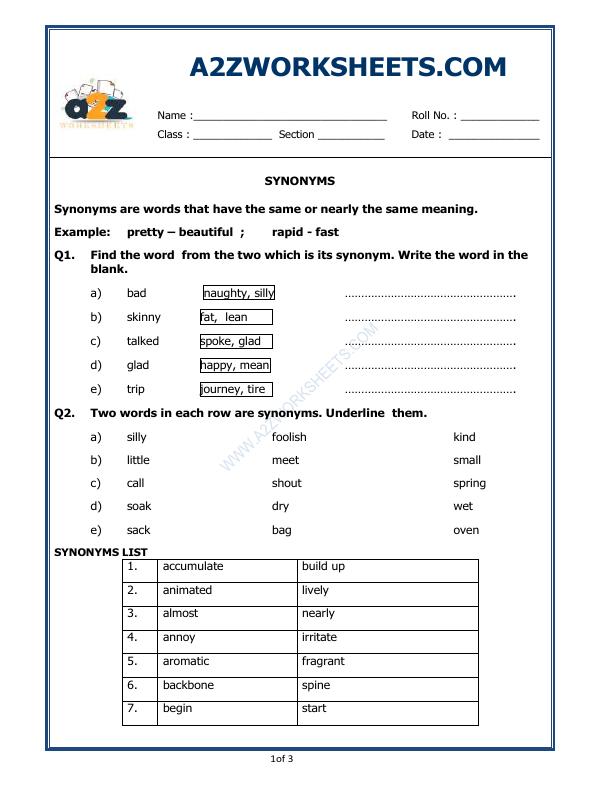A2Zworksheets:Worksheet of Synonyms-Grammar-English