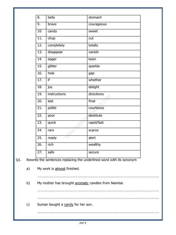 A2Zworksheets:Worksheet of Synonyms-Grammar-English