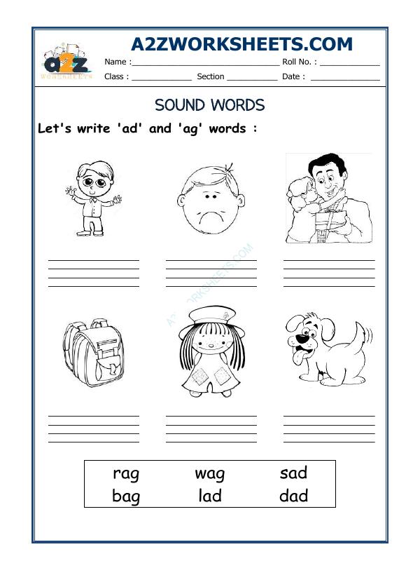 A2Zworksheets:Worksheet of 'Ag' And 'Ad' Sound Words-Reading-English