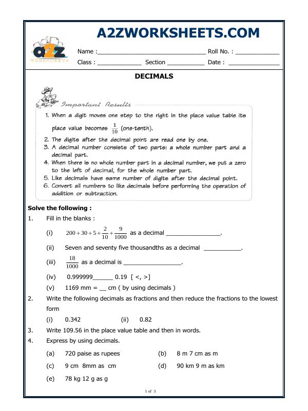 A2Zworksheets:Worksheet of Decimals-Decimals-Maths