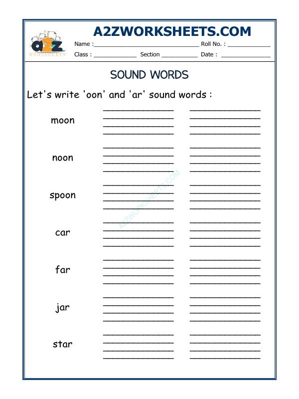 A2Zworksheets:Worksheet of 'Oon' And 'Ar' Sound Words-Reading-English