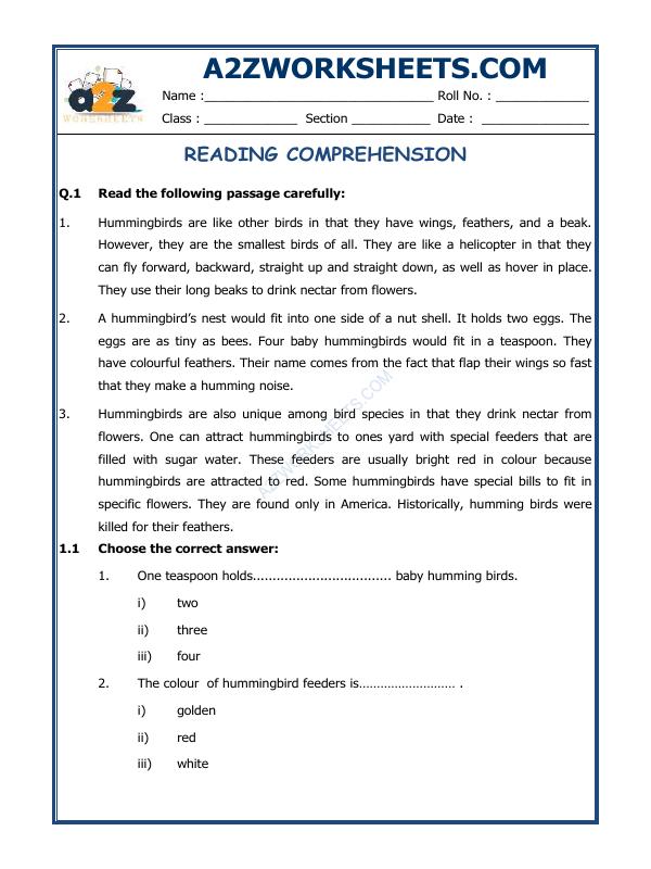 A2Zworksheets:Worksheet of English Comprehension - 10-Reading-English
