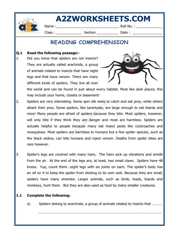 A2Zworksheets:Worksheet of Comprehension Passage- 13-Reading-English