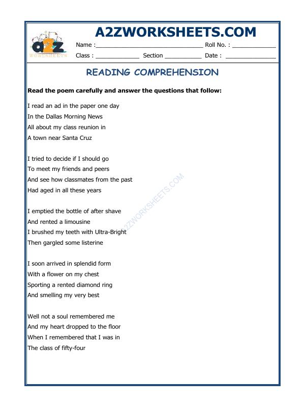 A2Zworksheets:Worksheet of Comprehension Passage (Poem) - 14-Reading ...