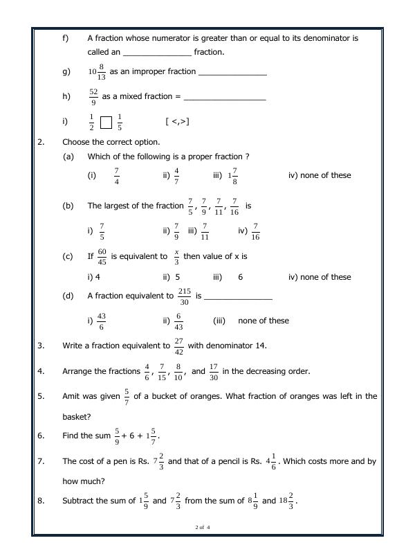 A2Zworksheets:Worksheet of Fractions-Fractions-Maths