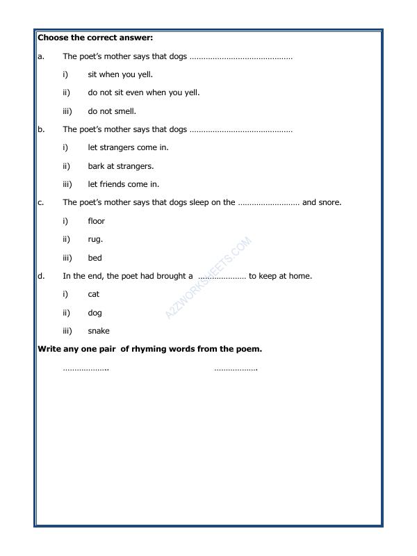 A2Zworksheets:Worksheet of Comprehension Passage (Poem)- 16-Reading-English