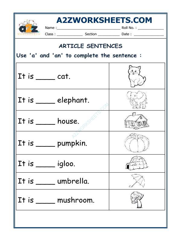 A2Zworksheets:Worksheet of Article Sentences-Grammar-English