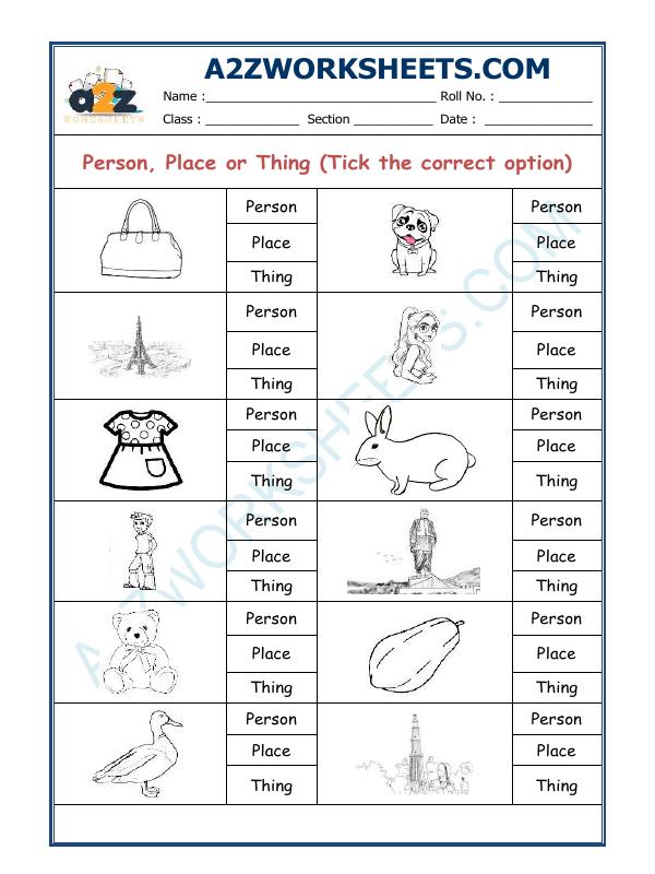 A2Zworksheets:Worksheet of Nouns (Person, Place Or Thing)-Grammar-English