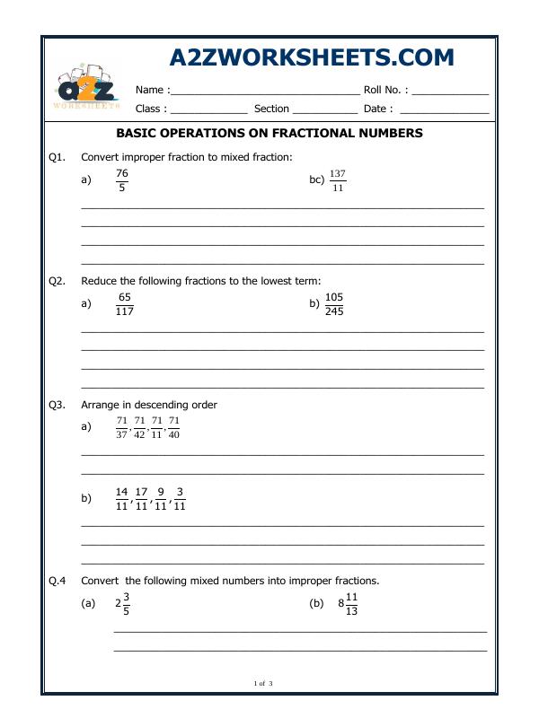A2Zworksheets:Worksheet of Basic Operations On Fractional Numbers ...