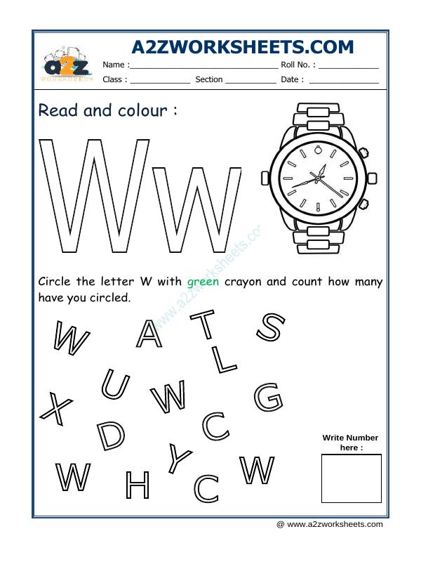 A2Zworksheets:Worksheet of Read And Colour W-Recognition-English