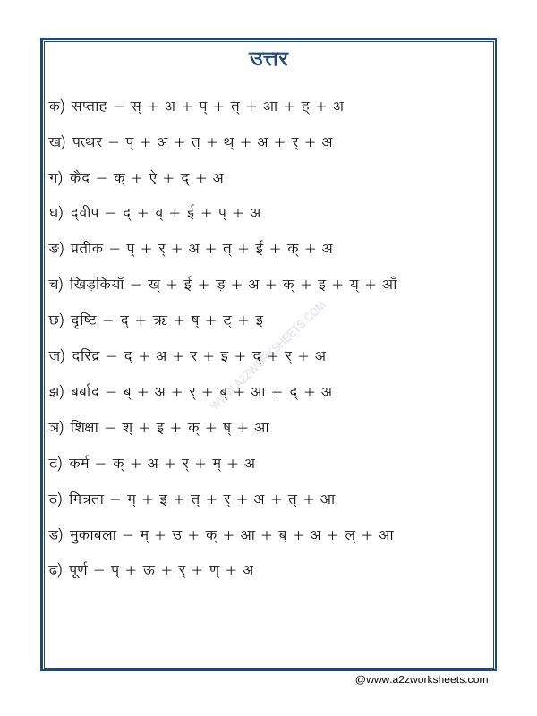 A2Zworksheets:Worksheet of Hindi Grammar - Varn Viched-02-(वर्ण-विच्छेद ...