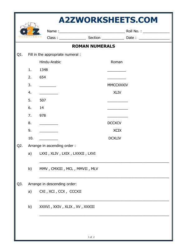 A2Zworksheets:Worksheet of Roman Numerals-Numbers-Maths