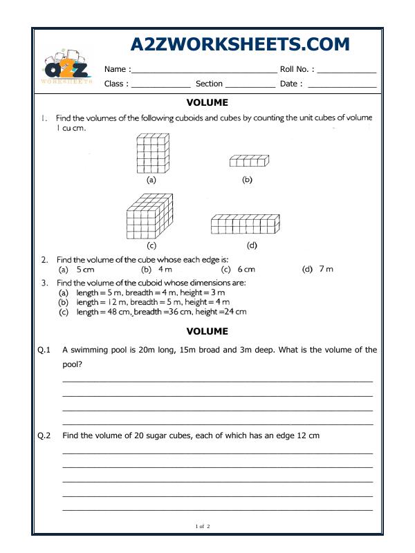A2Zworksheets:Worksheet of Volume-Measurement-Maths