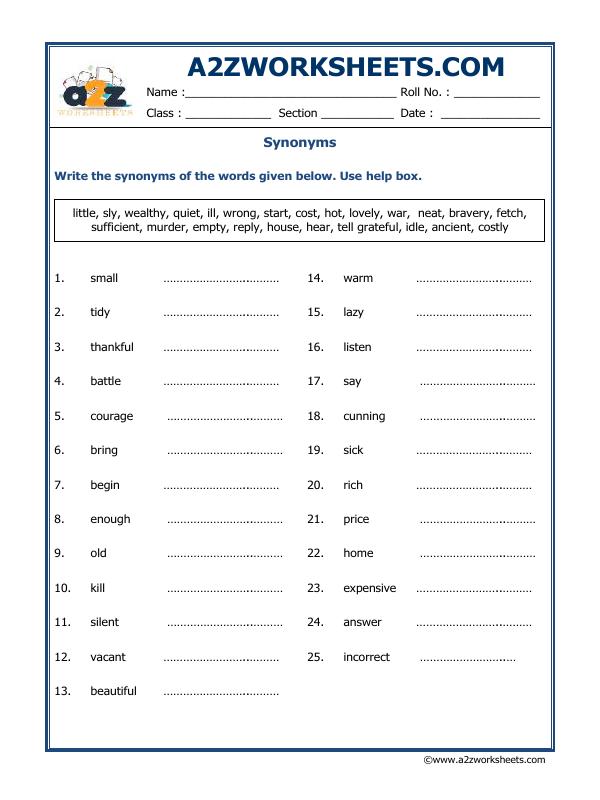 A2Zworksheets:Worksheet of Synonyms-01-Grammar-English